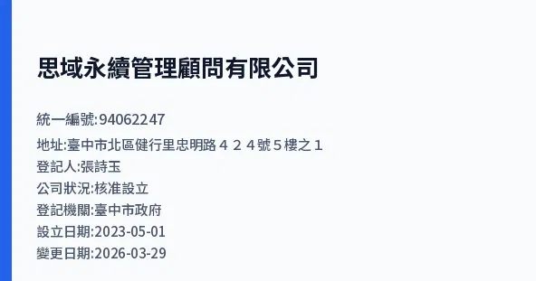 思域永續管理顧問有限公司的照片-統編 94062247(臺中市) 公司登記資料與營業項目詳細圖表