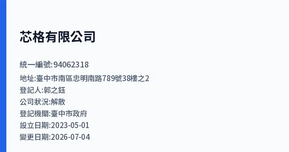 芯格有限公司的照片-統編 94062318(臺中市) 公司登記資料與營業項目詳細圖表