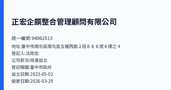 正宏企饌整合管理顧問有限公司的照片-統編 94062513(臺中市) 公司登記資料與營業項目詳細圖表