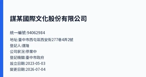 謀某國際文化股份有限公司的照片-統編 94062984(臺中市) 公司登記資料與營業項目詳細圖表