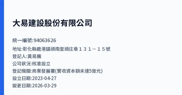 大易建設股份有限公司的照片-統編 94063626(彰化縣) 公司登記資料與營業項目詳細圖表
