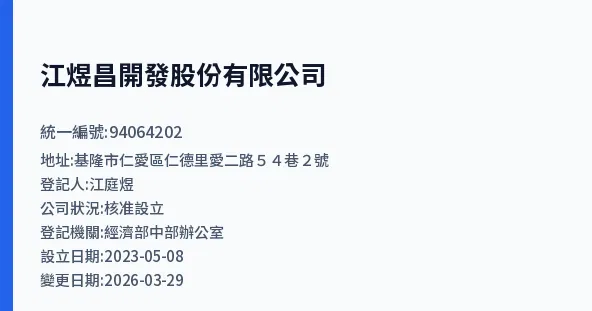 江煜昌開發股份有限公司的照片-統編 94064202(基隆市) 公司登記資料與營業項目詳細圖表