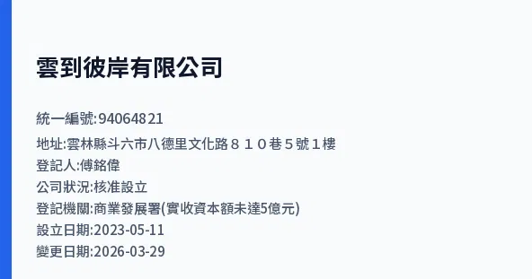 雲到彼岸有限公司的照片-統編 94064821(雲林縣) 公司登記資料與營業項目詳細圖表
