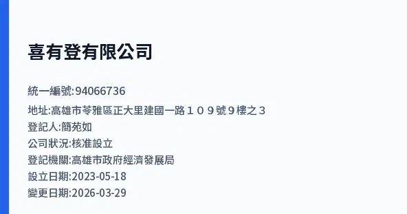 喜有登有限公司的照片-統編 94066736(高雄市) 公司登記資料與營業項目詳細圖表