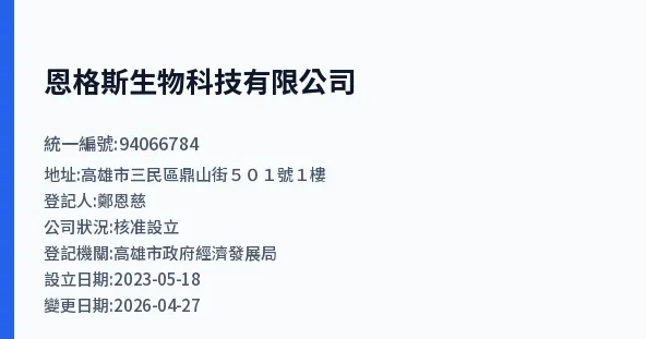 恩格斯生物科技有限公司的照片-統編 94066784(高雄市) 公司登記資料與營業項目詳細圖表