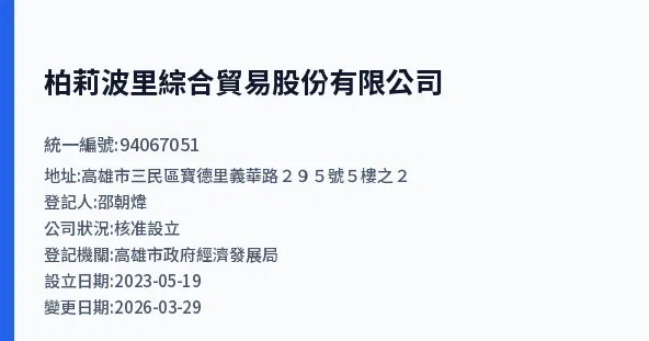 柏莉波里綜合貿易股份有限公司的照片-統編 94067051(高雄市) 公司登記資料與營業項目詳細圖表