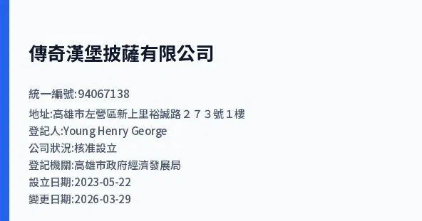 傳奇漢堡披薩有限公司的照片-統編 94067138(高雄市) 公司登記資料與營業項目詳細圖表