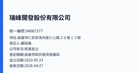 瑞峰開發股份有限公司的照片-統編 94067377(高雄市) 公司登記資料與營業項目詳細圖表