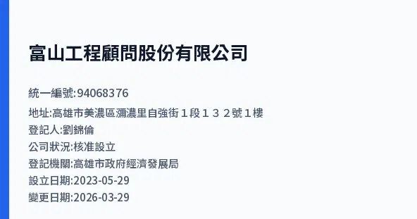 富山工程顧問股份有限公司的照片-統編 94068376(高雄市) 公司登記資料與營業項目詳細圖表