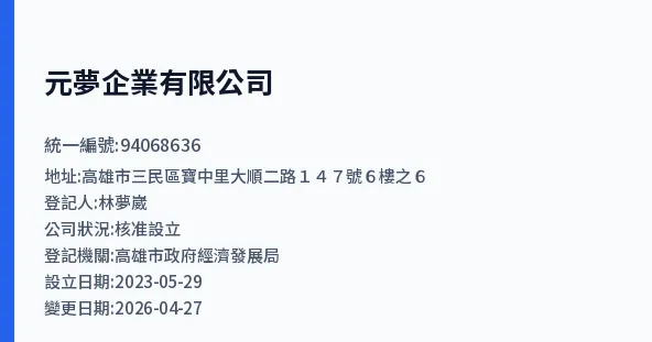 元夢企業有限公司的照片-統編 94068636(高雄市) 公司登記資料與營業項目詳細圖表