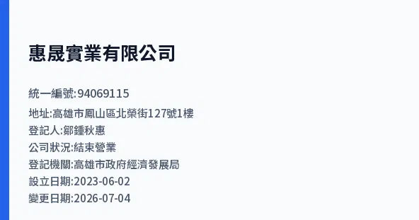 惠晟實業有限公司的照片-統編 94069115(高雄市) 公司登記資料與營業項目詳細圖表