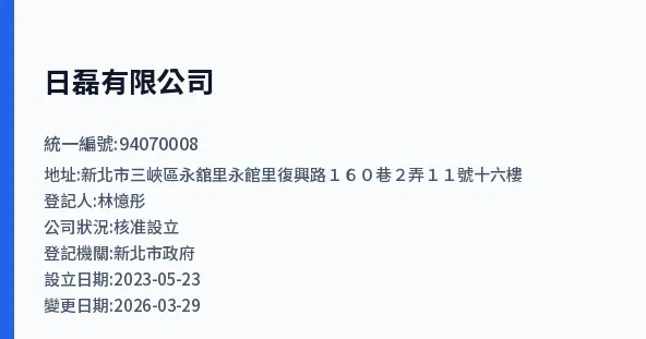 日磊有限公司的照片-統編 94070008(新北市) 公司登記資料與營業項目詳細圖表