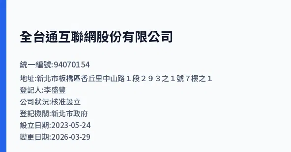 全台通互聯網股份有限公司的照片-統編 94070154(新北市) 公司登記資料與營業項目詳細圖表