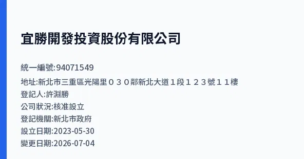 宜勝開發投資股份有限公司的照片-統編 94071549(新北市) 公司登記資料與營業項目詳細圖表