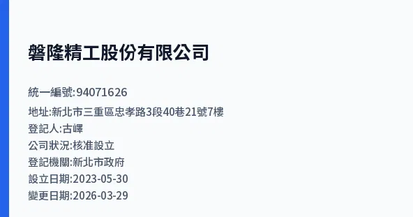磐隆精工股份有限公司的照片-統編 94071626(新北市) 公司登記資料與營業項目詳細圖表