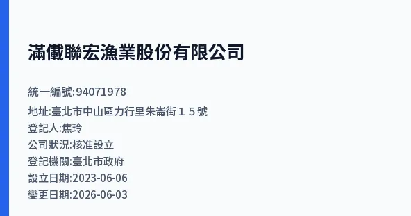 滿儎聯宏漁業股份有限公司的照片-統編 94071978(臺北市) 公司登記資料與營業項目詳細圖表