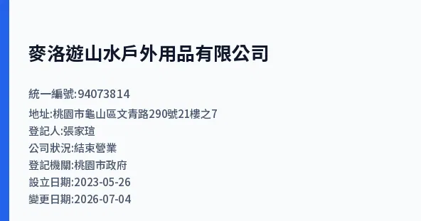 麥洛遊山水戶外用品有限公司的照片-統編 94073814(桃園市) 公司登記資料與營業項目詳細圖表