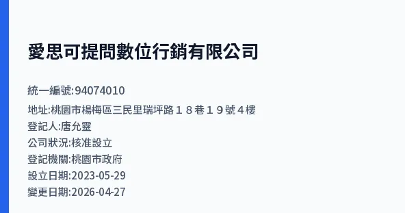愛思可提問數位行銷有限公司的照片-統編 94074010(桃園市) 公司登記資料與營業項目詳細圖表