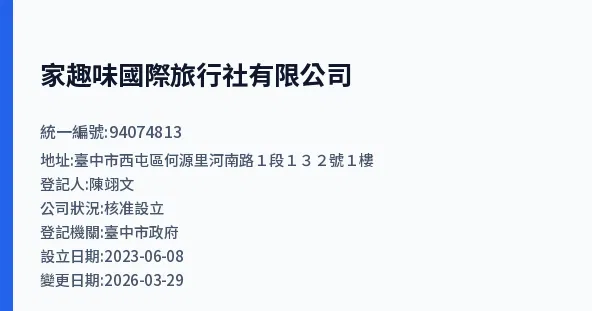 家趣味國際旅行社有限公司的照片-統編 94074813(臺中市) 公司登記資料與營業項目詳細圖表