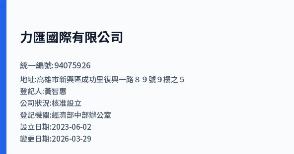 力匯國際有限公司的照片-統編 94075926(高雄市) 公司登記資料與營業項目詳細圖表