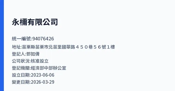 永檷有限公司的照片-統編 94076426(苗栗縣) 公司登記資料與營業項目詳細圖表