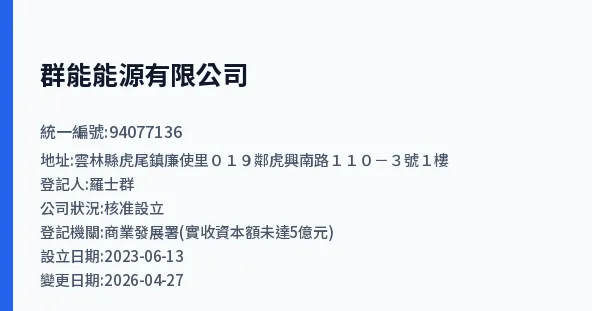 群能能源有限公司的照片-統編 94077136(雲林縣) 公司登記資料與營業項目詳細圖表