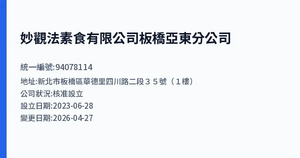 妙觀法素食有限公司板橋亞東分公司的照片-統編 94078114(新北市) 公司登記資料與營業項目詳細圖表