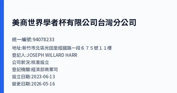 美商世界學者杯有限公司台灣分公司的照片-統編 94078233(新竹市) 公司登記資料與營業項目詳細圖表