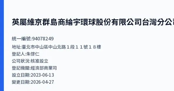 英屬維京群島商綸宇環球股份有限公司台灣分公司的照片-統編 94078249(臺北市) 公司登記資料與營業項目詳細圖表