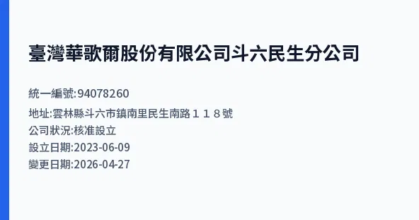 臺灣華歌爾股份有限公司斗六民生分公司的照片-統編 94078260(雲林縣) 公司登記資料與營業項目詳細圖表