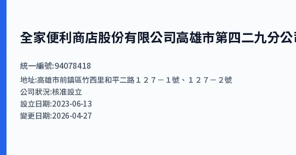 全家便利商店股份有限公司高雄市第四二九分公司的照片-統編 94078418(高雄市) 公司登記資料與營業項目詳細圖表