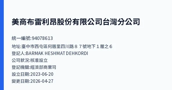 美商布雷利昂股份有限公司台灣分公司的照片-統編 94078613(臺中市) 公司登記資料與營業項目詳細圖表