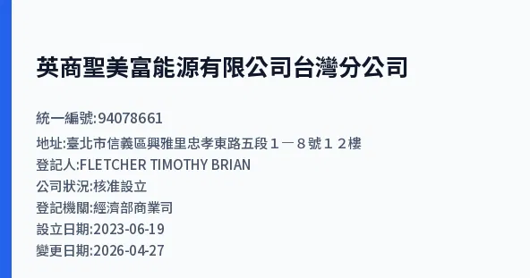 英商聖美富能源有限公司台灣分公司的照片-統編 94078661(臺北市) 公司登記資料與營業項目詳細圖表