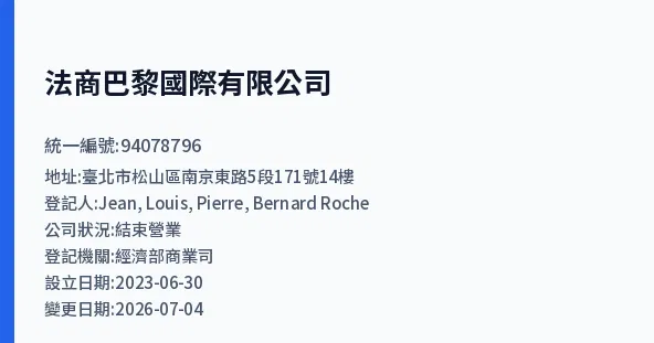 法商巴黎國際有限公司的照片-統編 94078796(臺北市) 公司登記資料與營業項目詳細圖表