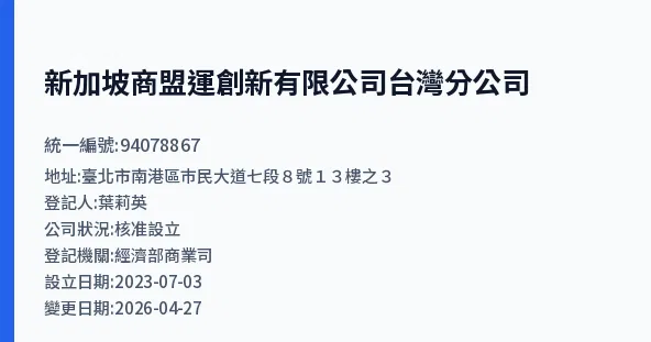 新加坡商盟運創新有限公司台灣分公司的照片-統編 94078867(臺北市) 公司登記資料與營業項目詳細圖表