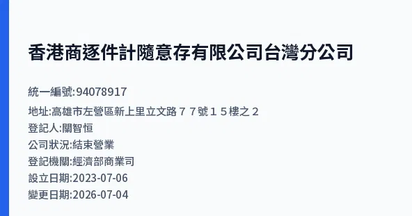 香港商逐件計隨意存有限公司台灣分公司的照片-統編 94078917(高雄市) 公司登記資料與營業項目詳細圖表