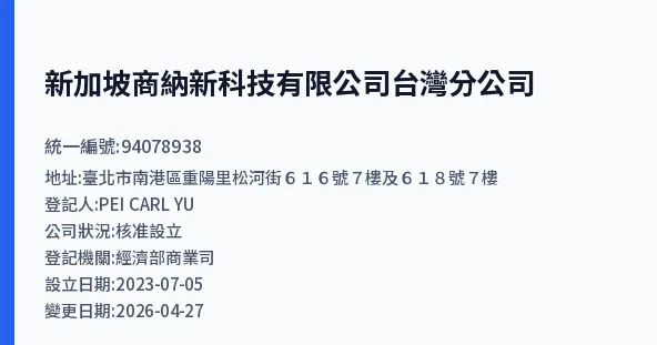 新加坡商納新科技有限公司台灣分公司的照片-統編 94078938(臺北市) 公司登記資料與營業項目詳細圖表
