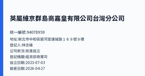 英屬維京群島商嘉皇有限公司台灣分公司的照片-統編 94078959(新北市) 公司登記資料與營業項目詳細圖表