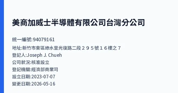 美商加威士半導體有限公司台灣分公司的照片-統編 94079161(新竹市) 公司登記資料與營業項目詳細圖表