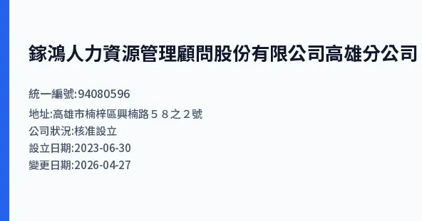 鎵鴻人力資源管理顧問股份有限公司高雄分公司的照片-統編 94080596(高雄市) 公司登記資料與營業項目詳細圖表