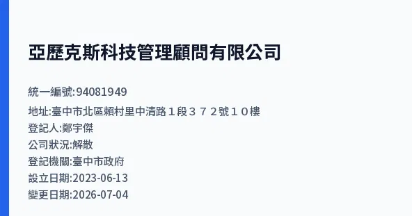 亞歷克斯科技管理顧問有限公司的照片-統編 94081949(臺中市) 公司登記資料與營業項目詳細圖表