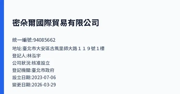密朵爾國際貿易有限公司的照片-統編 94085662(臺北市) 公司登記資料與營業項目詳細圖表