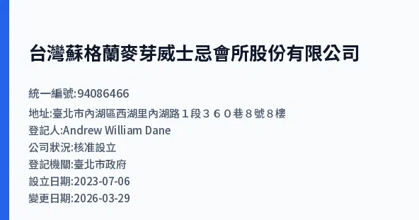 台灣蘇格蘭麥芽威士忌會所股份有限公司的照片-統編 94086466(臺北市) 公司登記資料與營業項目詳細圖表