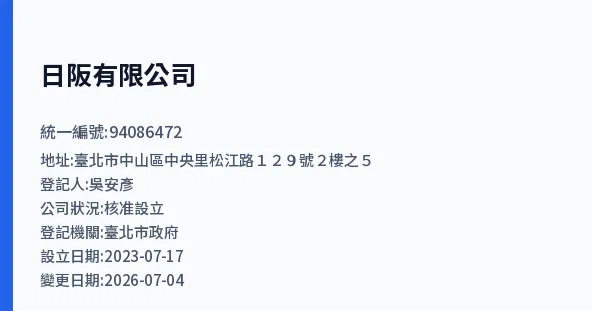 日阪有限公司的照片-統編 94086472(臺北市) 公司登記資料與營業項目詳細圖表