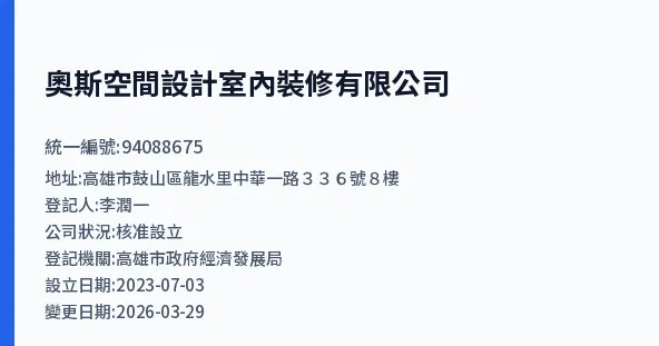 奧斯空間設計室內裝修有限公司的照片-統編 94088675(高雄市) 公司登記資料與營業項目詳細圖表