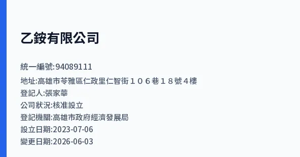 乙銨有限公司的照片-統編 94089111(高雄市) 公司登記資料與營業項目詳細圖表