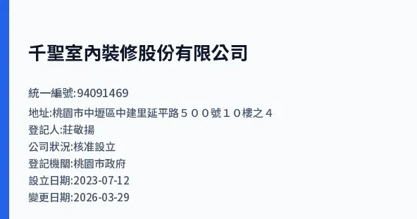 千聖室內裝修股份有限公司的照片-統編 94091469(桃園市) 公司登記資料與營業項目詳細圖表
