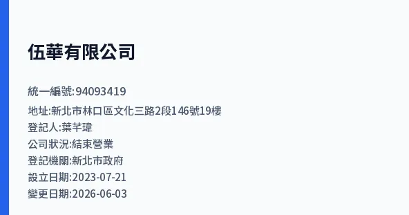 伍華有限公司的照片-統編 94093419(新北市) 公司登記資料與營業項目詳細圖表