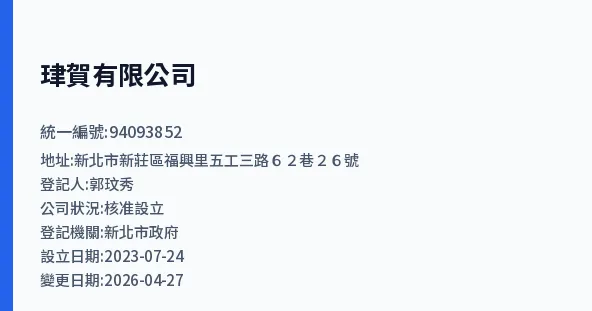 珒賀有限公司的照片-統編 94093852(新北市) 公司登記資料與營業項目詳細圖表