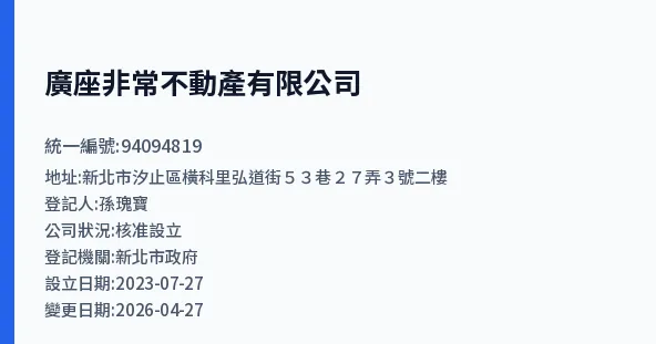 廣座非常不動產有限公司的照片-統編 94094819(新北市) 公司登記資料與營業項目詳細圖表